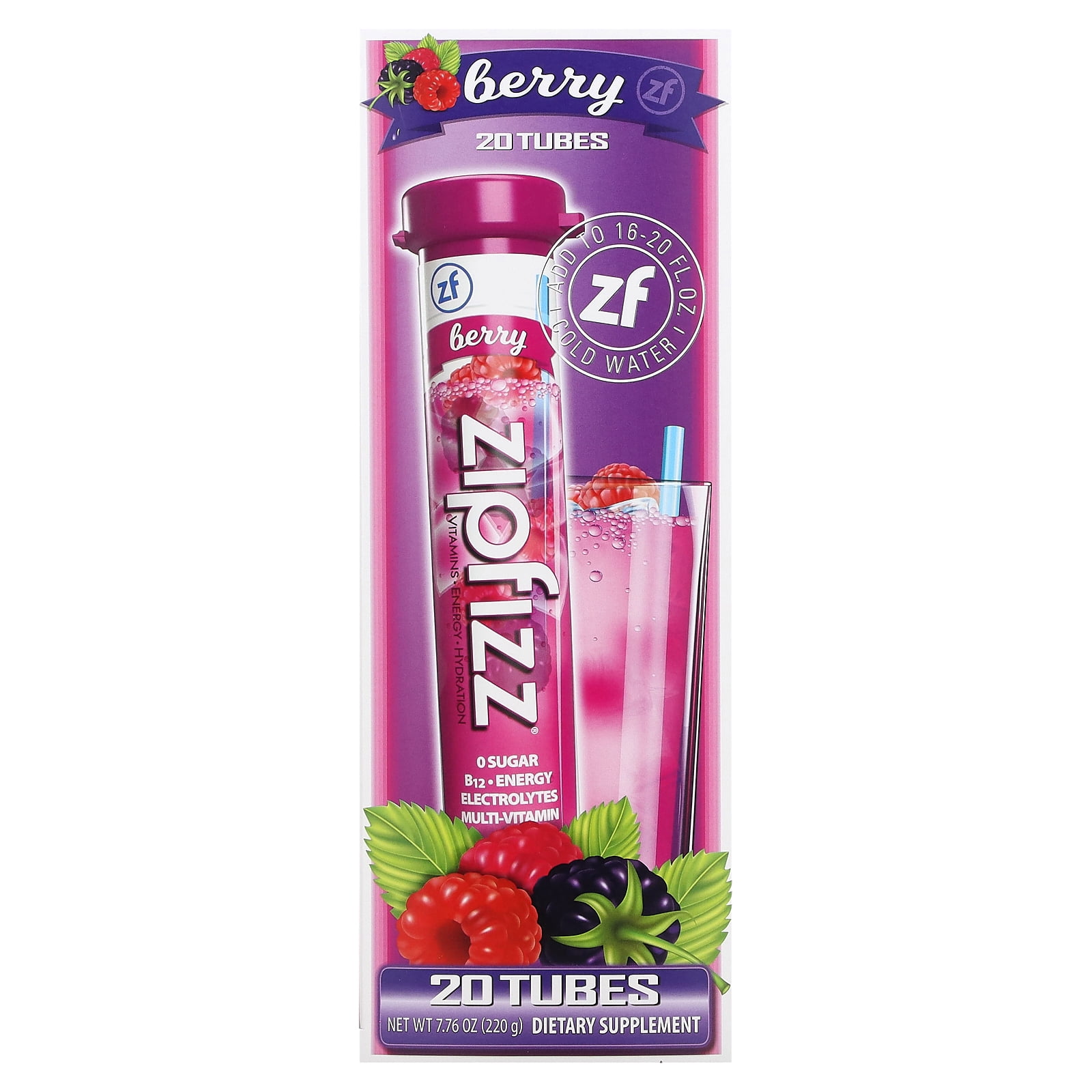 Zipfizz Sugar-Free Energy Drink Mix, Berry Flavor, 20 Tubes, Vitamin ...