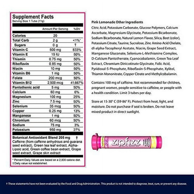 Zipfizz Healthy Energy Drink Mix, Pink Lemonade, 20 Count, Caffeine ...