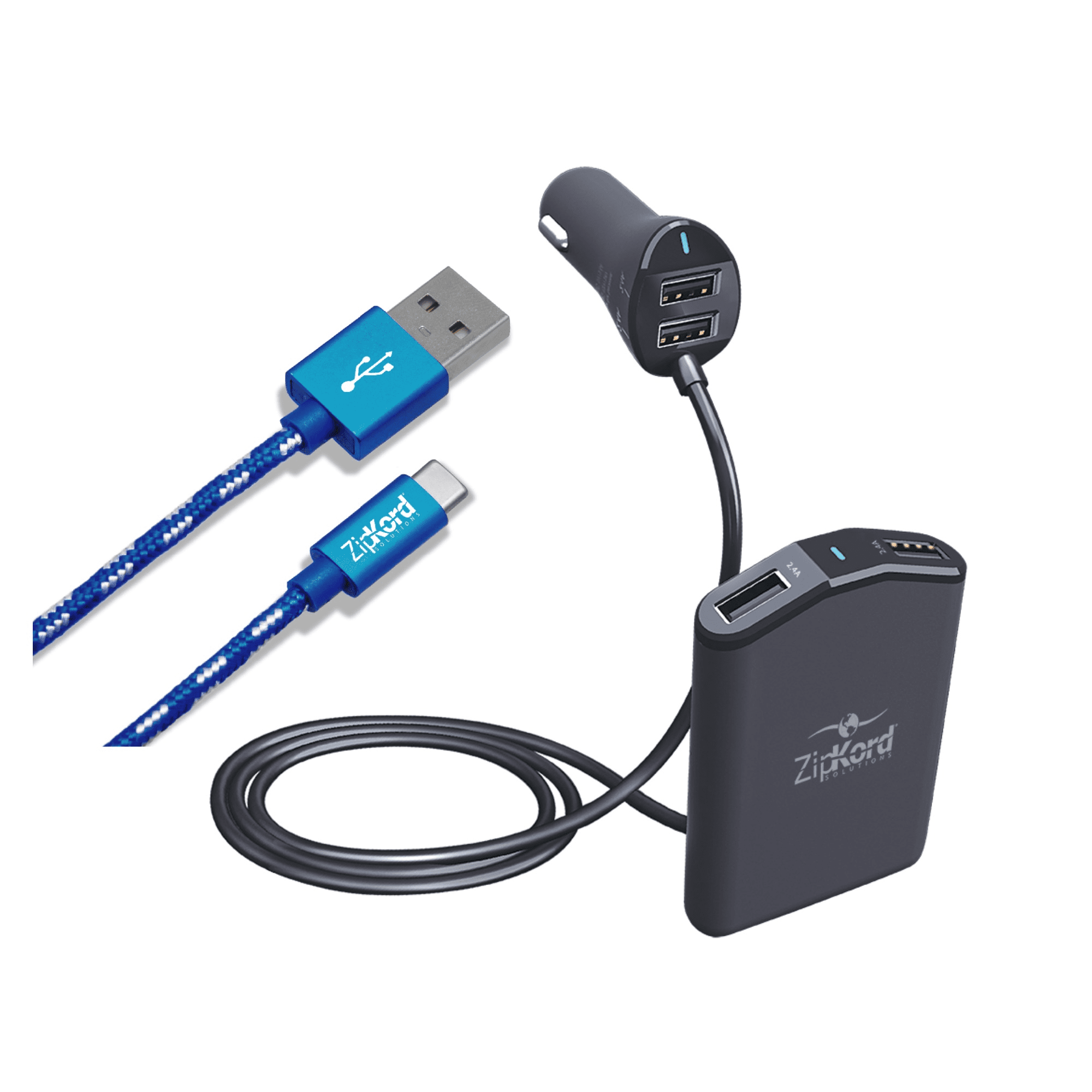Zipkord 4 USB Port Dual Zone Car Charger with 3 ft. Braided USB-C Cable ...