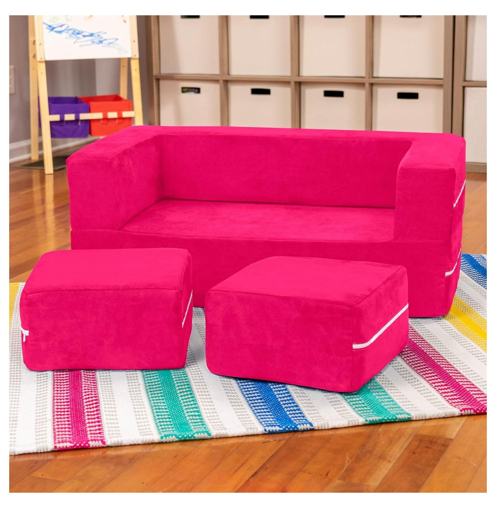 Zipline Kids Modular Loveseat & Ottomans, Fold Out Lounger, Fuchsia ...