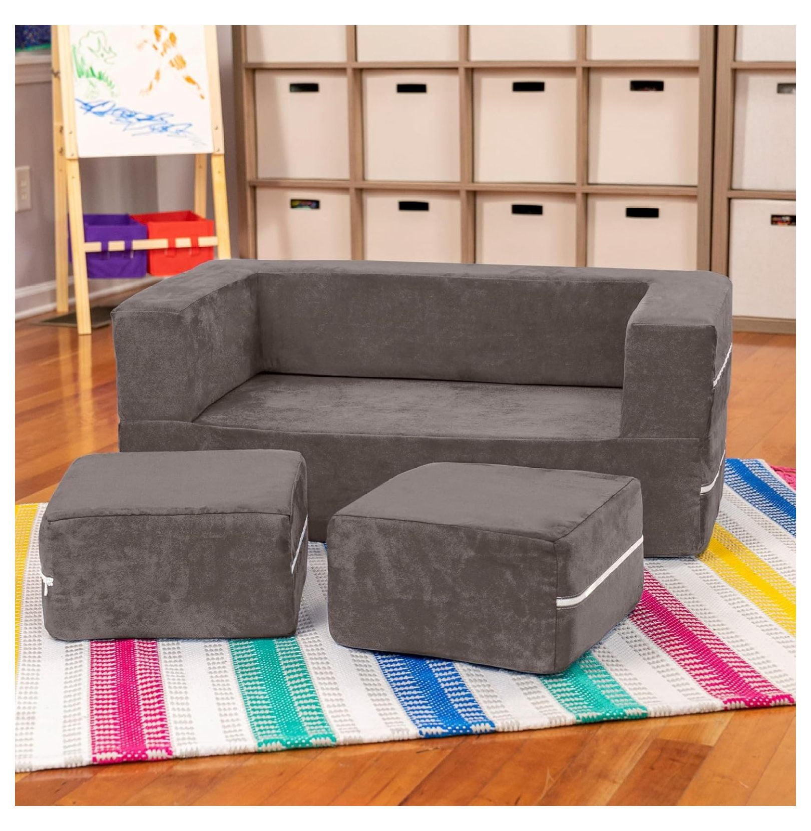 Zipline Modular Kids Loveseat & Ottomans/Fold Out Lounger, Charcoal ...
