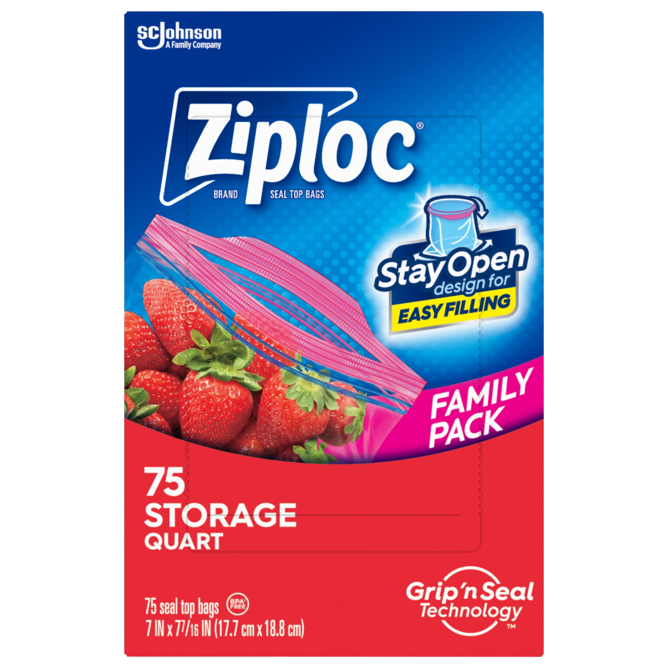Ziploc® Brand Sealable Plastic Storage Bags for Freezer, Quart Size, 75 ...
