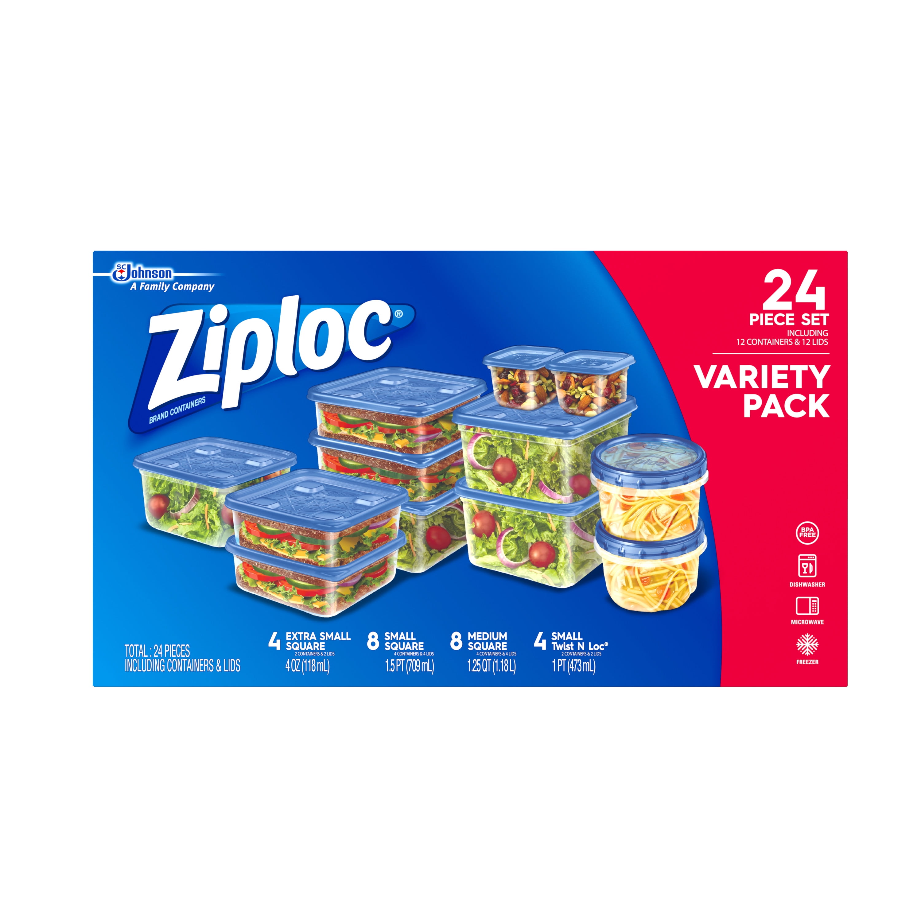 Ziploc Twist Lock Small Square Containers Variety Pack, 12 Plastic ...