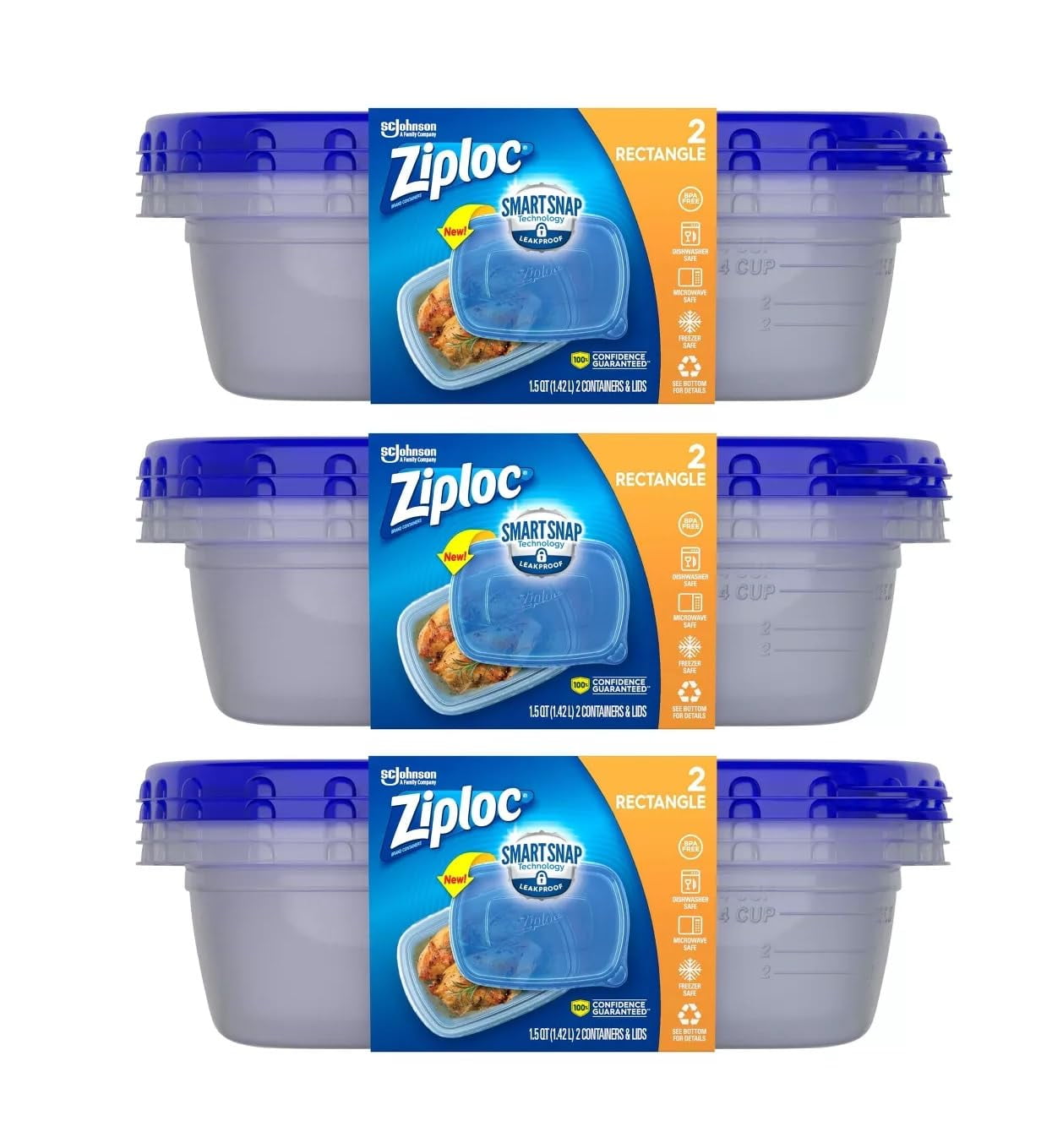 Ziploc Food Storage Containers, Rectangle 1.5 QTS, Leakproof Smart Snap ...