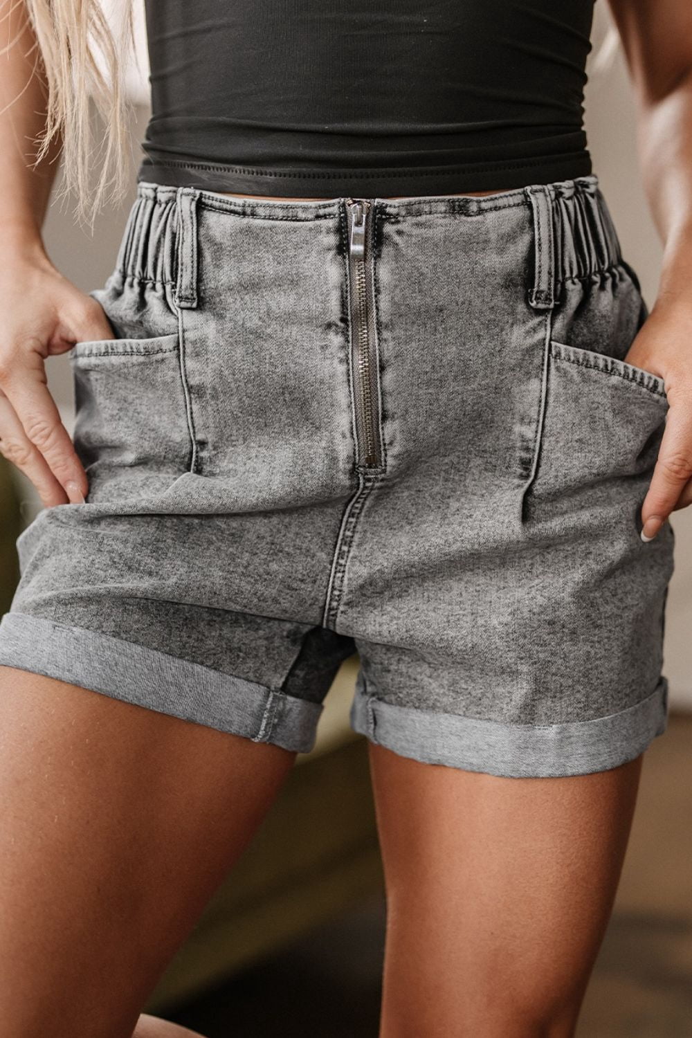 Zipped Cuffed Edge Denim Shorts - Walmart.com