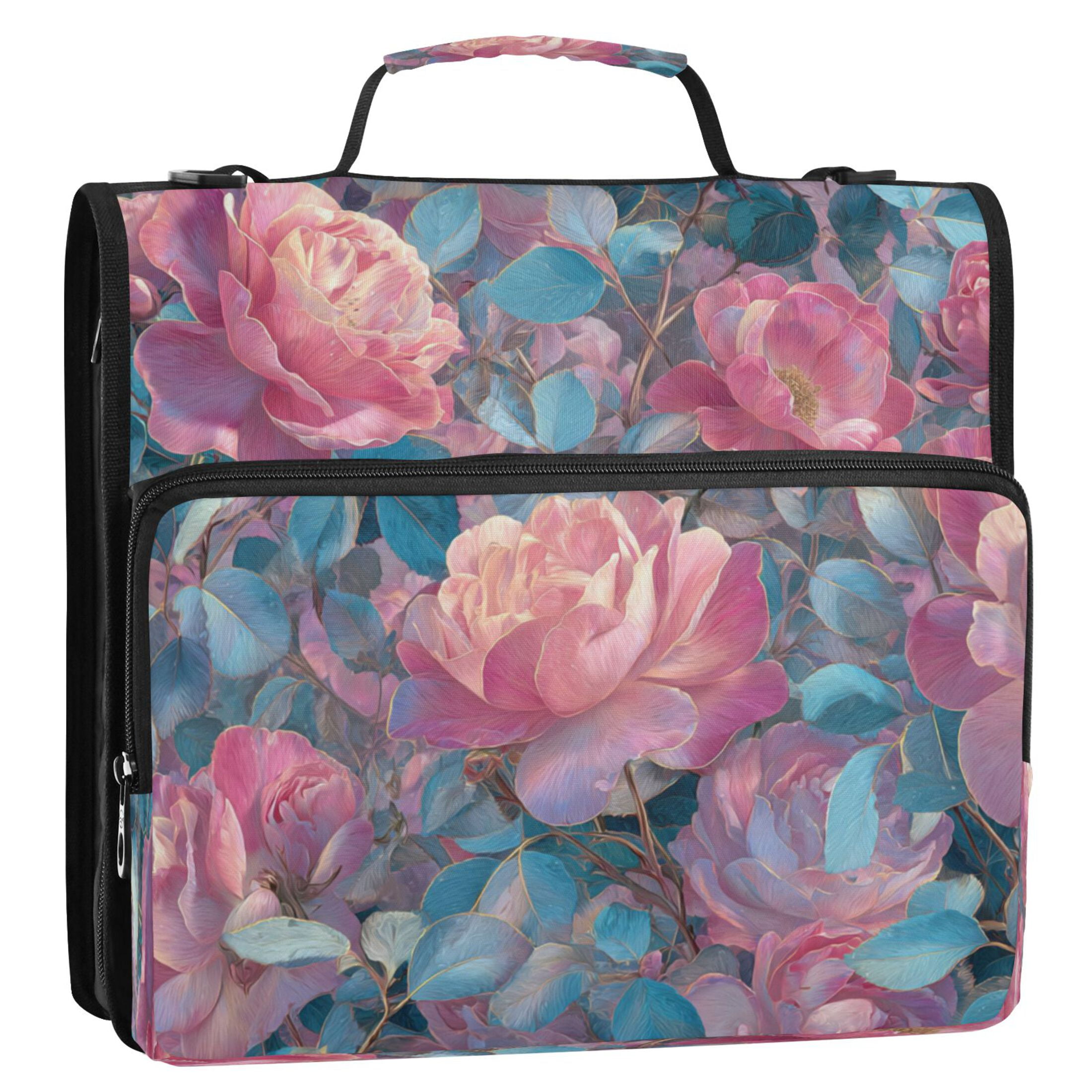 Zipper Binder 3 Rings Stationery Office Files Daily Organizer File Folder Storage Bag Pink Roses ...