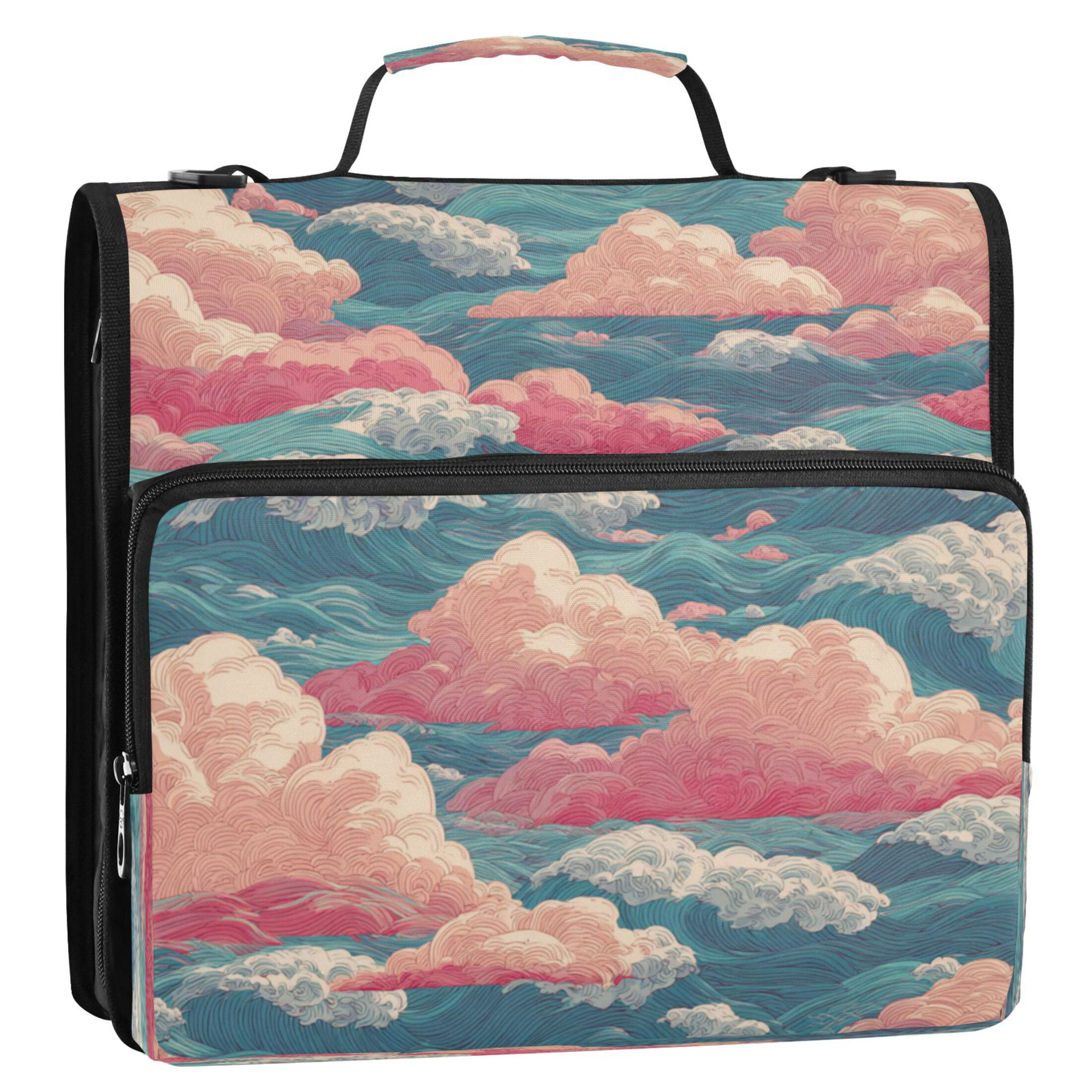 Zipper Binder 3 Rings Stationery Office Files Daily Organizer File Folder Storage Bag Pink Waves ...