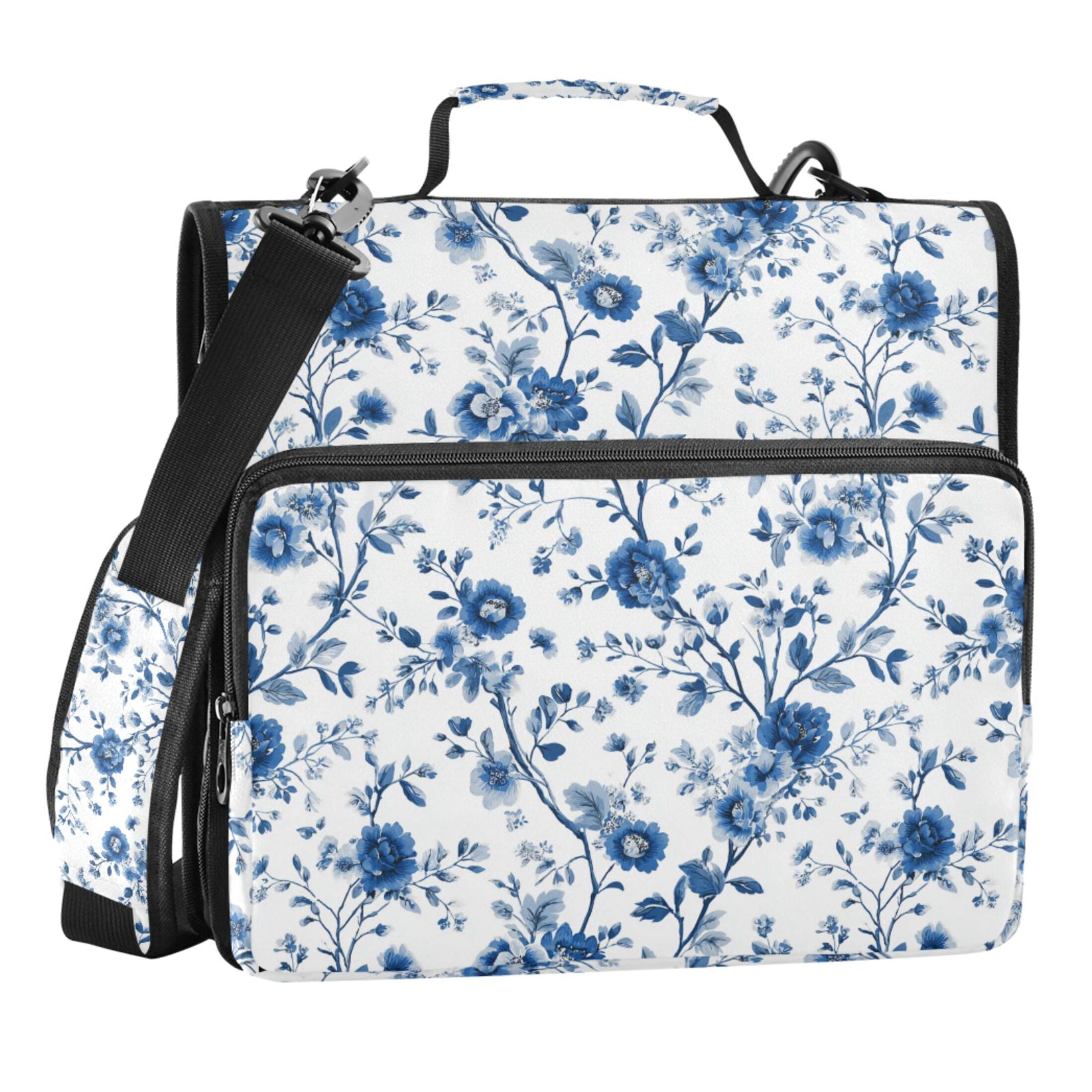 Zipper Binder Blue Flowers 1.5 Inch Binder Folder Bag with Shoulder ...