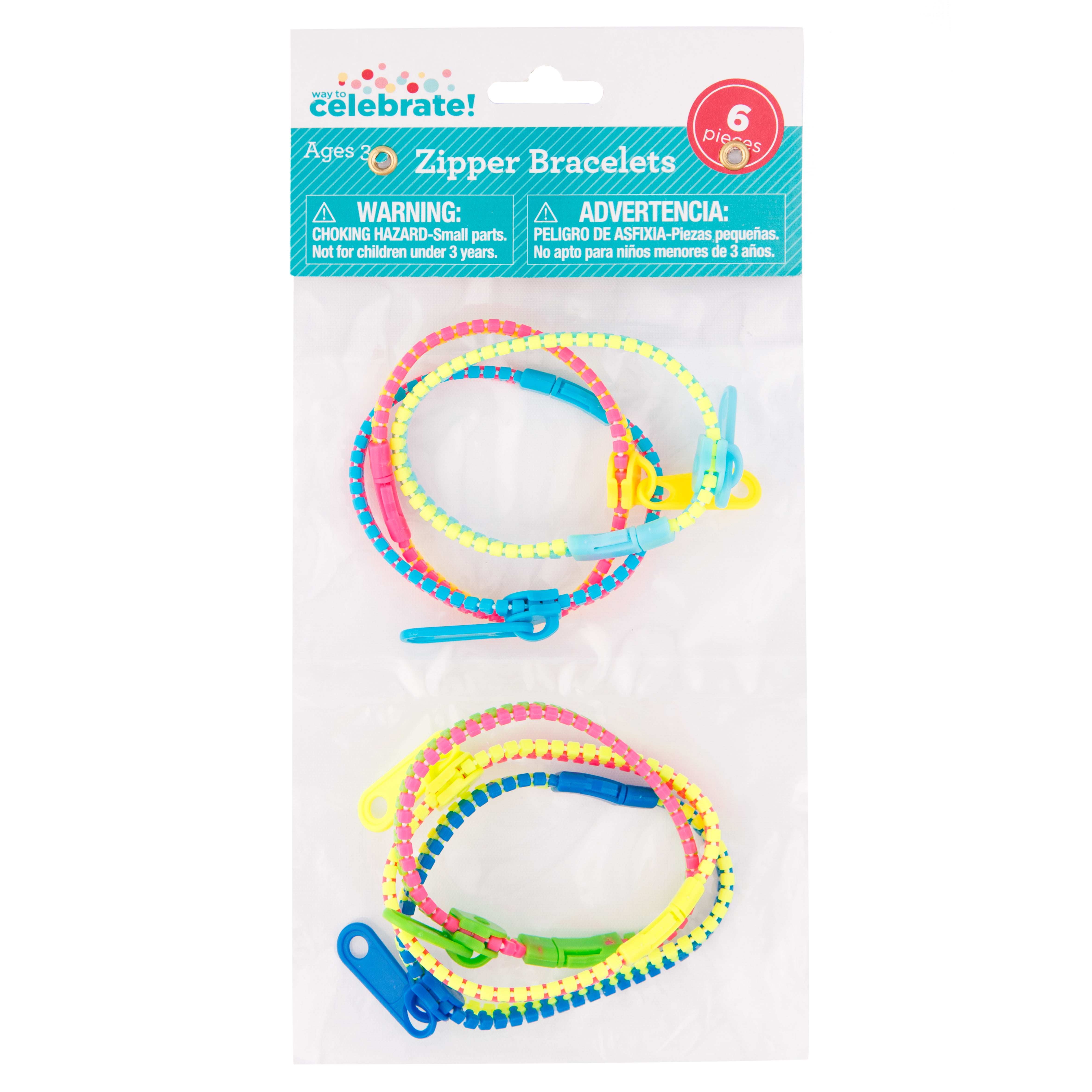Way To Celebrate Neon Zipper Bracelets 6 Pieces Bright Colorful Party ...