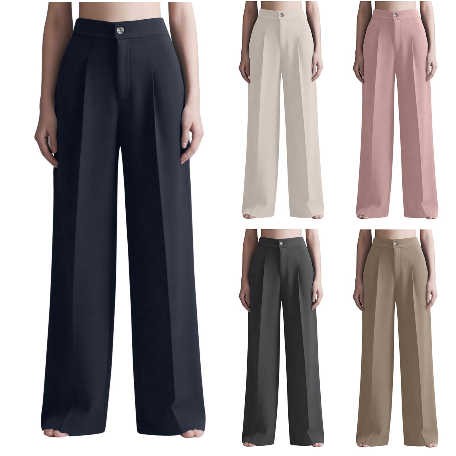 Zipper Button Elastic Waist Straight Leg Pants, Wide Leg Trousers for ...