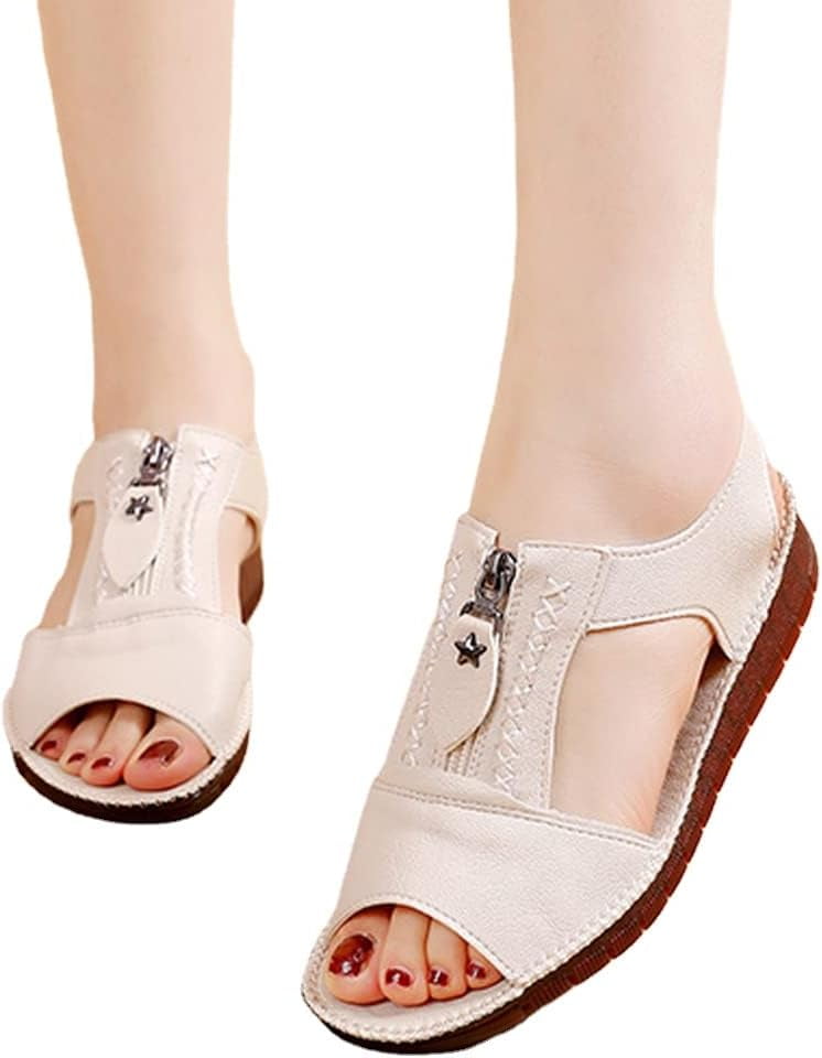 Zipper Flat Soft Leather and Sole Comfort Sandals Women Open Toe ...