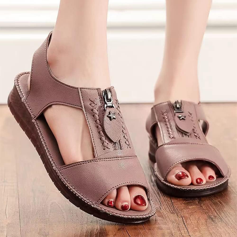 Zipper Flat Soft Leather and Sole Comfort Sandals Women Open Toe ...