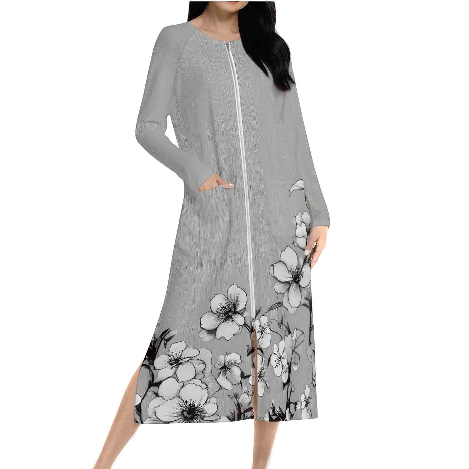 Zipper Front Robes for Women Trendy Graphic Floarl Print House Coat ...
