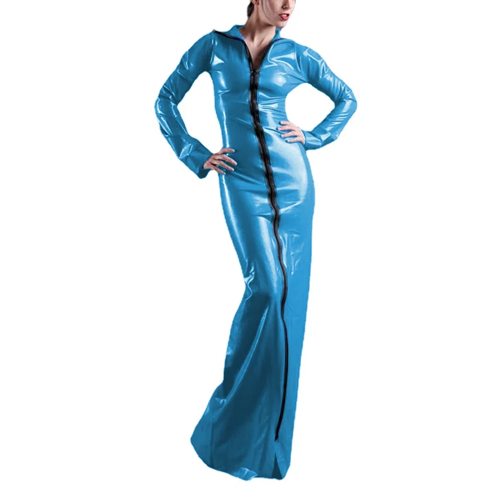 Zipper Stand Collar PVC Shiny Long Pencil Dress Female Full Sleeve ...