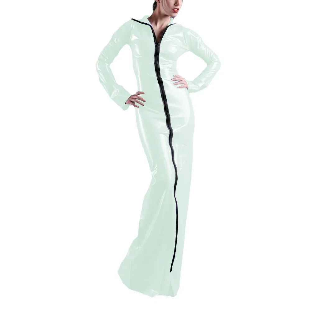 Zipper Stand Collar PVC Shiny Long Pencil Dress Female Full Sleeve ...