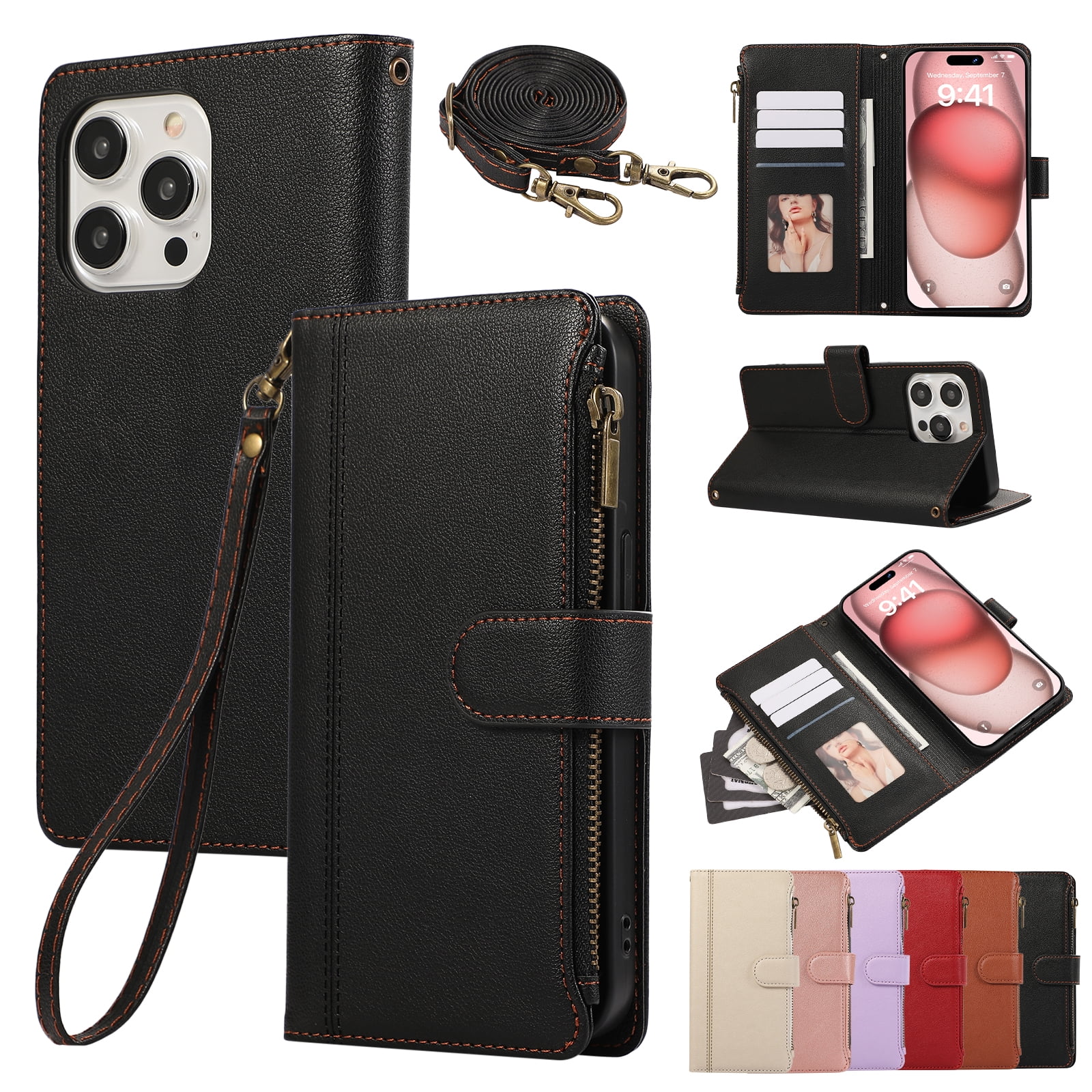 Zipper Wallet Cover for iPhone 12 Pro / 12, Case with Crossbody Strap ...