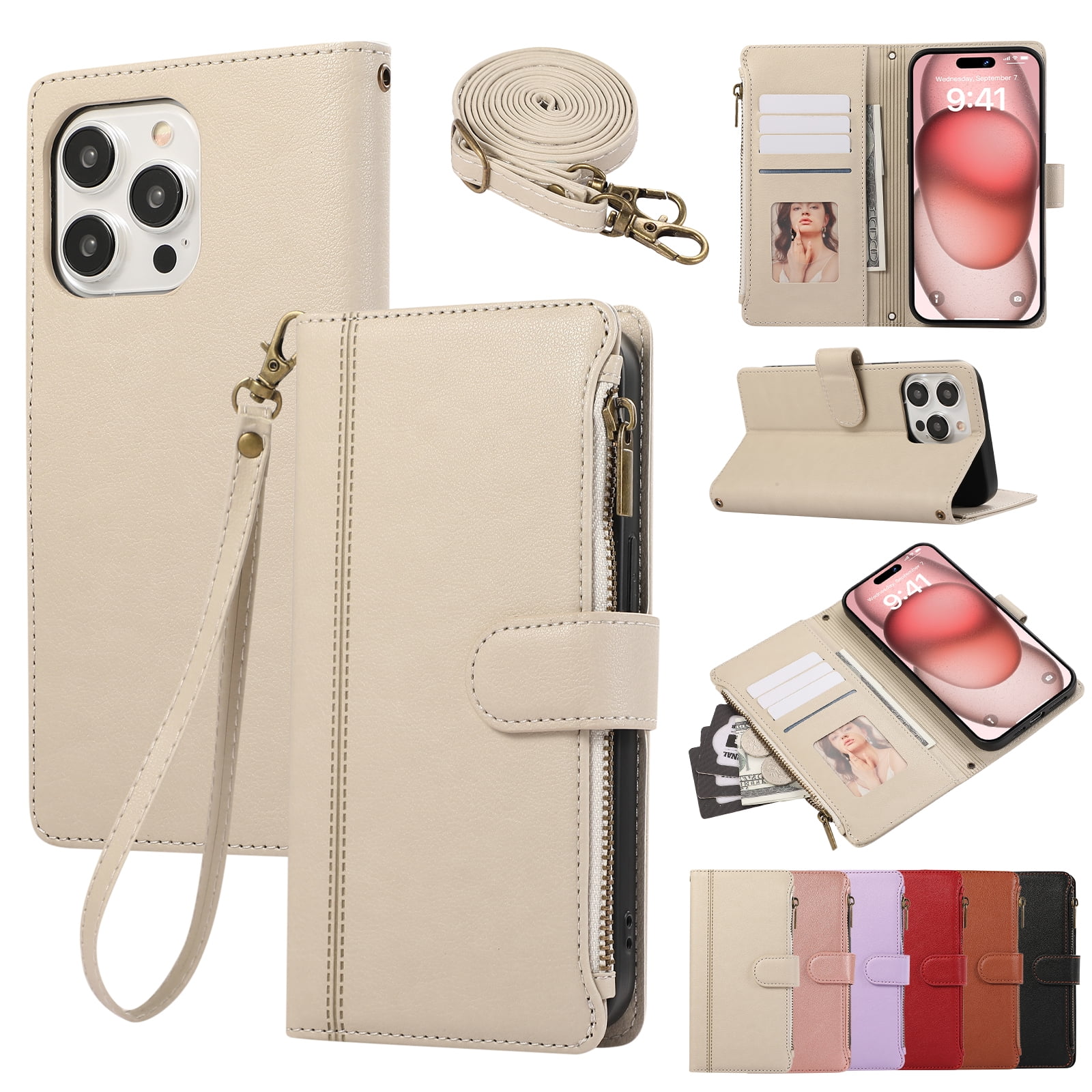 Zipper Wallet Cover for iPhone 16 Pro Max, Case with Crossbody Strap ...