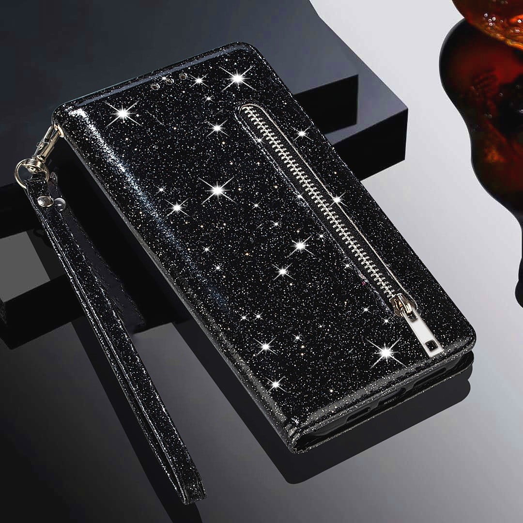 Zipper flip wallet glitter leather phone case for iPhone 16 pro max 15 ...