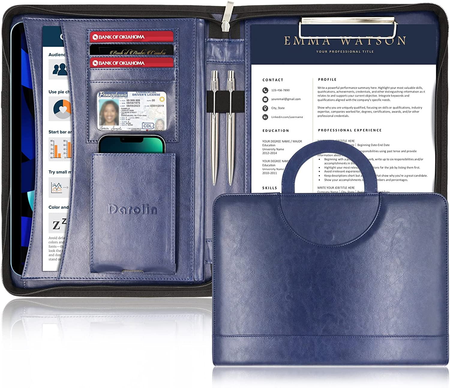 Zippered Leather Padfolio Portfolio with Hidden Handle and Clipboard ...