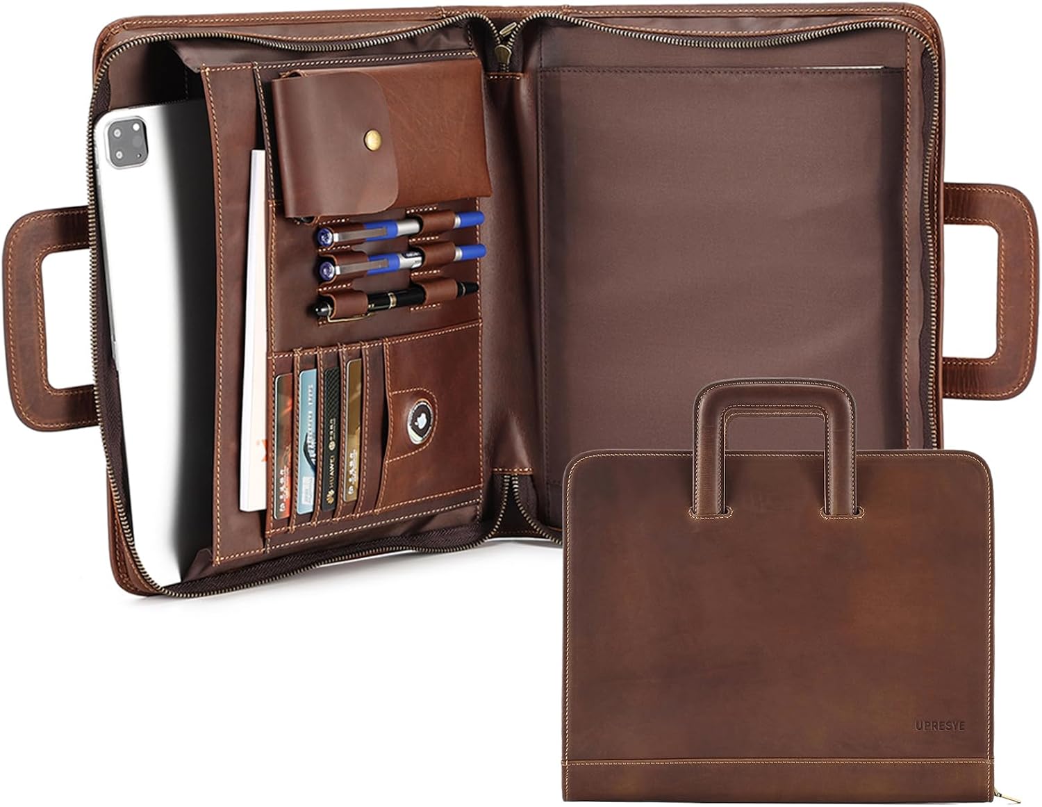 Zippered Leather Padfolio Portfolio with Retractable Handle, Letter ...