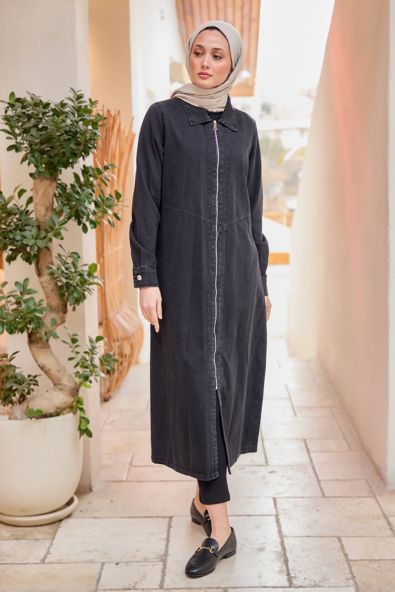 Zippered Midi Length Denim Jacket Black - Walmart.com