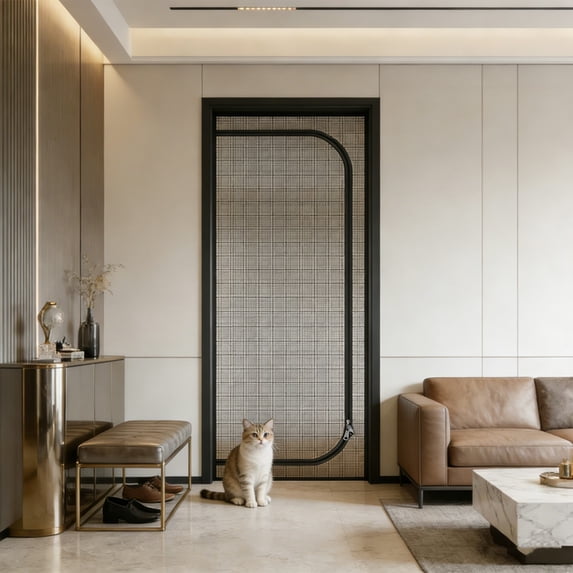 Zippered Pet Door Curtain Black Mesh Screen No Drill Adhesive ...