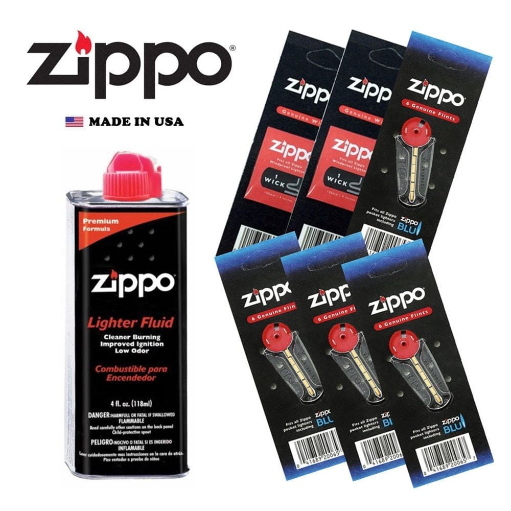 Zippo 4 fl oz Fluid Fuel and 6 Value Pack ( 24 Flints + 2 Wick ) Gift ...