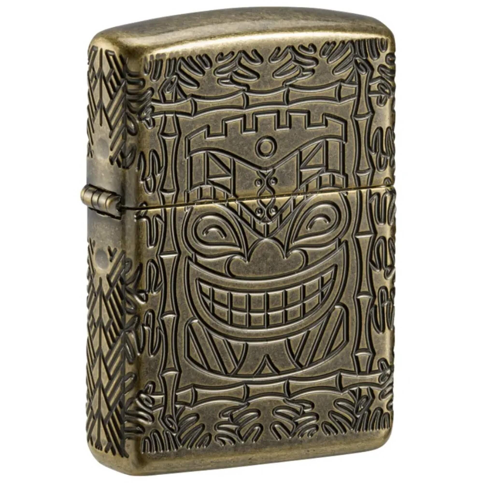 Zippo 46314 Tiki Design Antique Brass Windproof Pocket Lighter ...