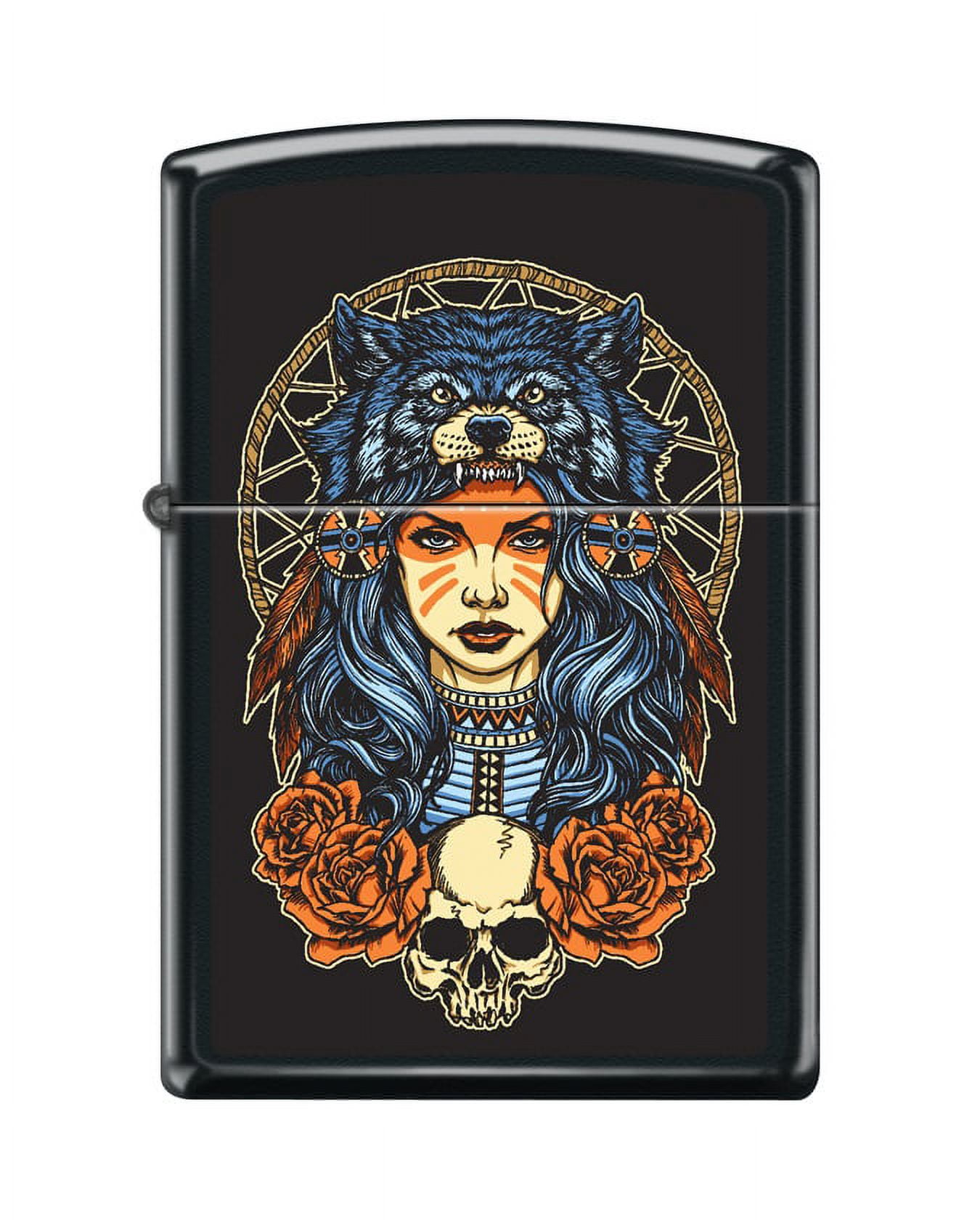 Zippo Custom Design Women in Wolf Head Dress with Skull and Roses ...