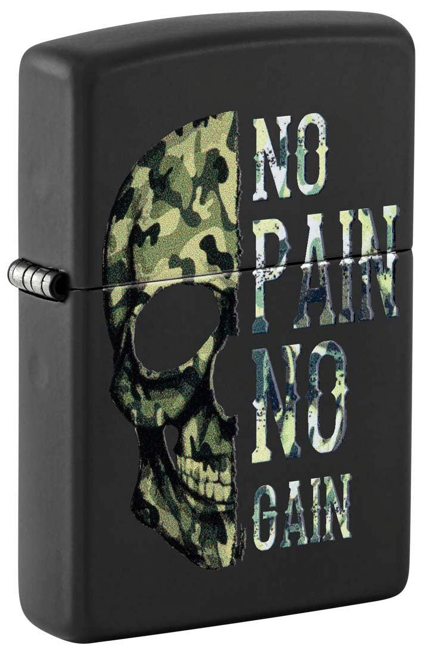 Zippo Lighter: Camo Skull, No Pain No Gain, Blacklight - Black Matte ...