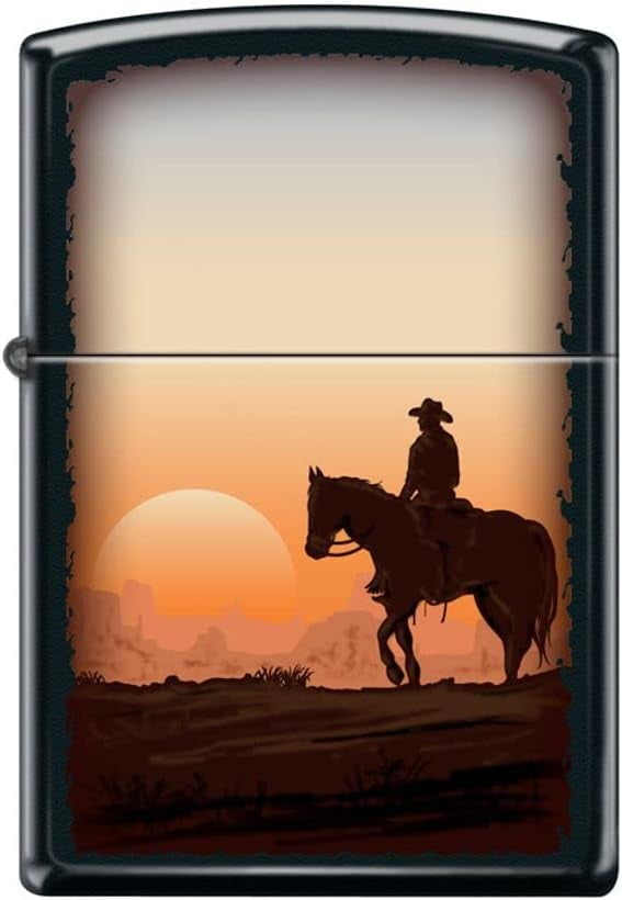 Zippo USA Made Windproof Lighter- Horse Cowboy Sunset Design, Black ...