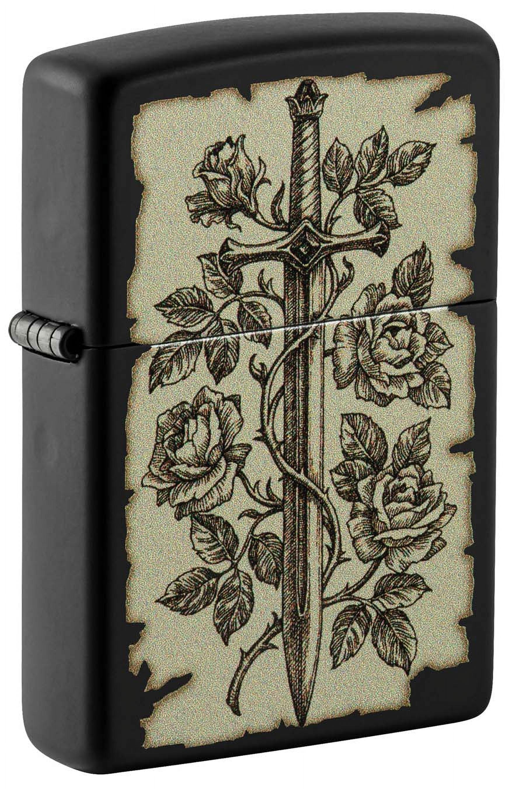 Zippo Lighter: Medieval Swords With Roses and Dragon - Black Matte ...