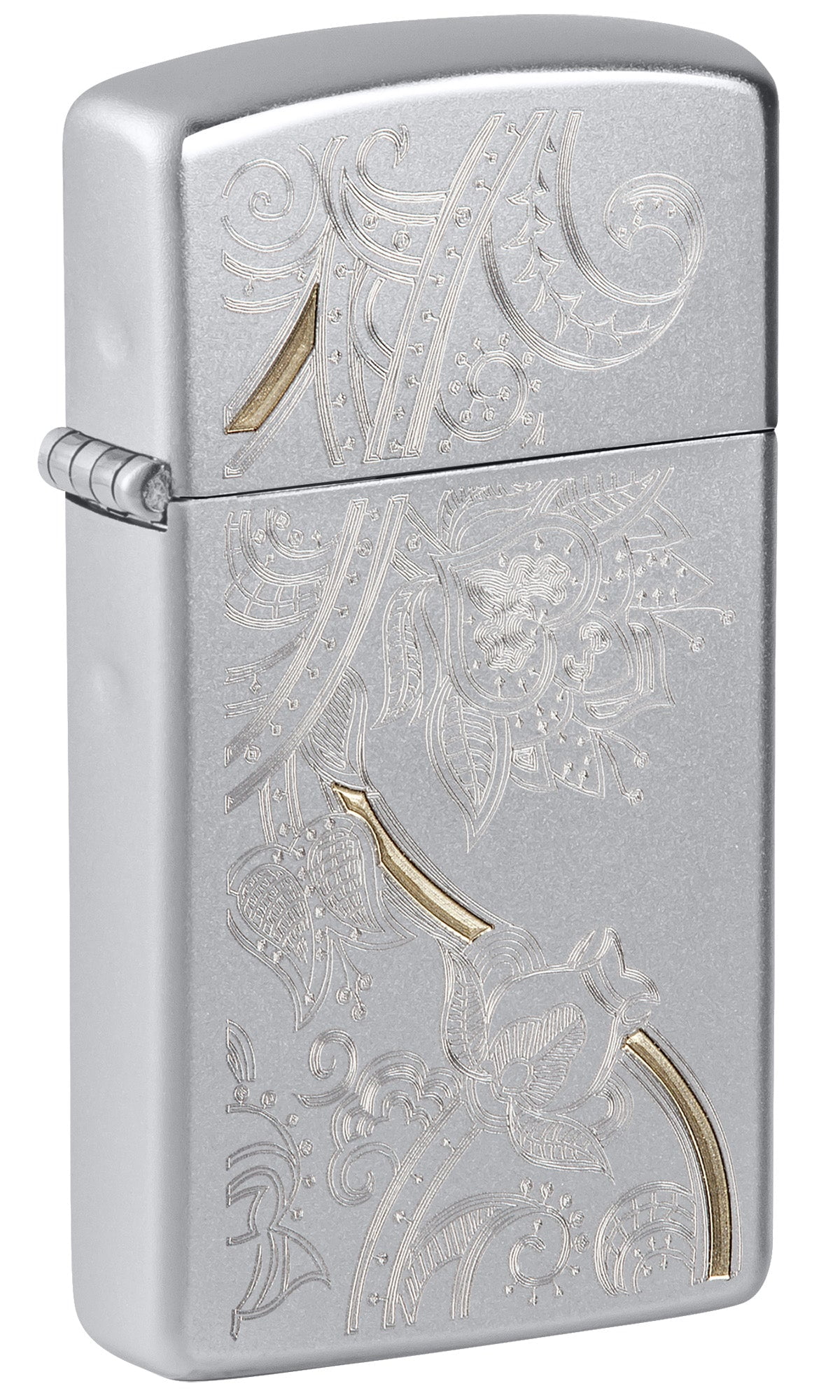 Zippo Lighter: Slim, Engraved Floral Pattern - Satin Chrome 81444 ...