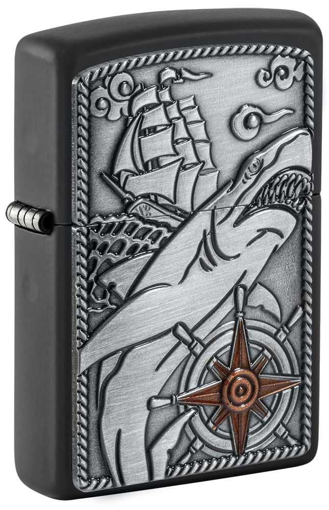 Zippo Refillable Black Matte Pocket Lighter with Ship Shark Emblem ...