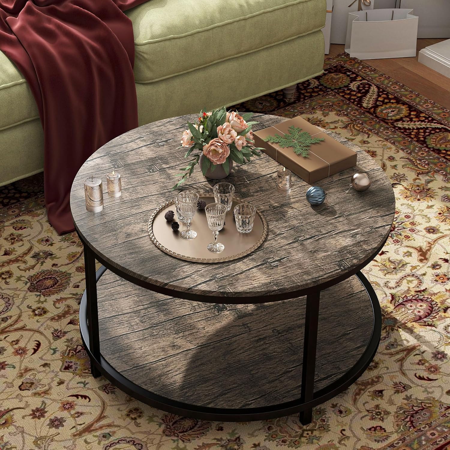 ZippyCart 33.5”Coffee Table for Living Room, Round Coffee Table with 2 ...