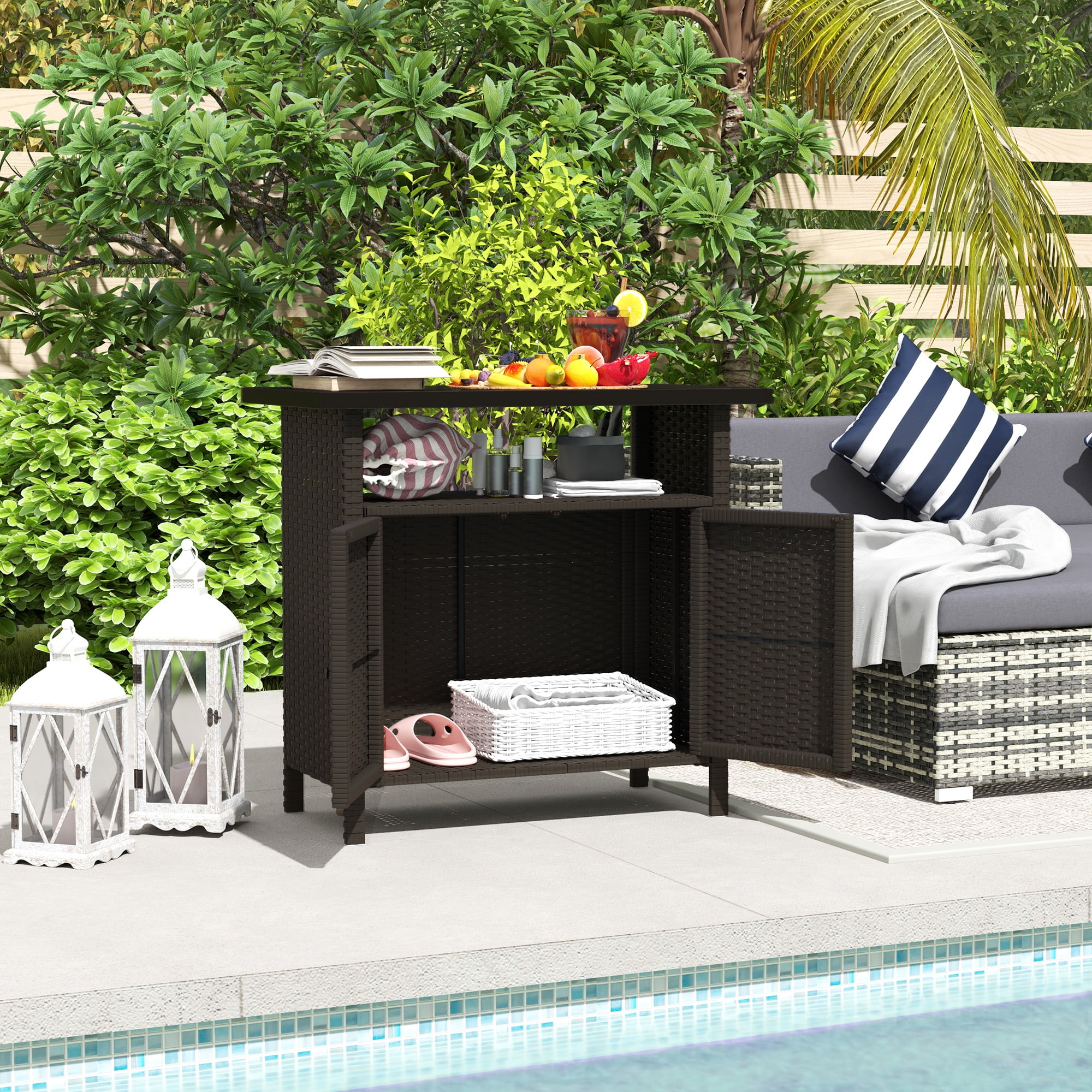 ZippyCart Outdoor Storage Cabinet, Rattan Outdoor Bar Table with 2 ...