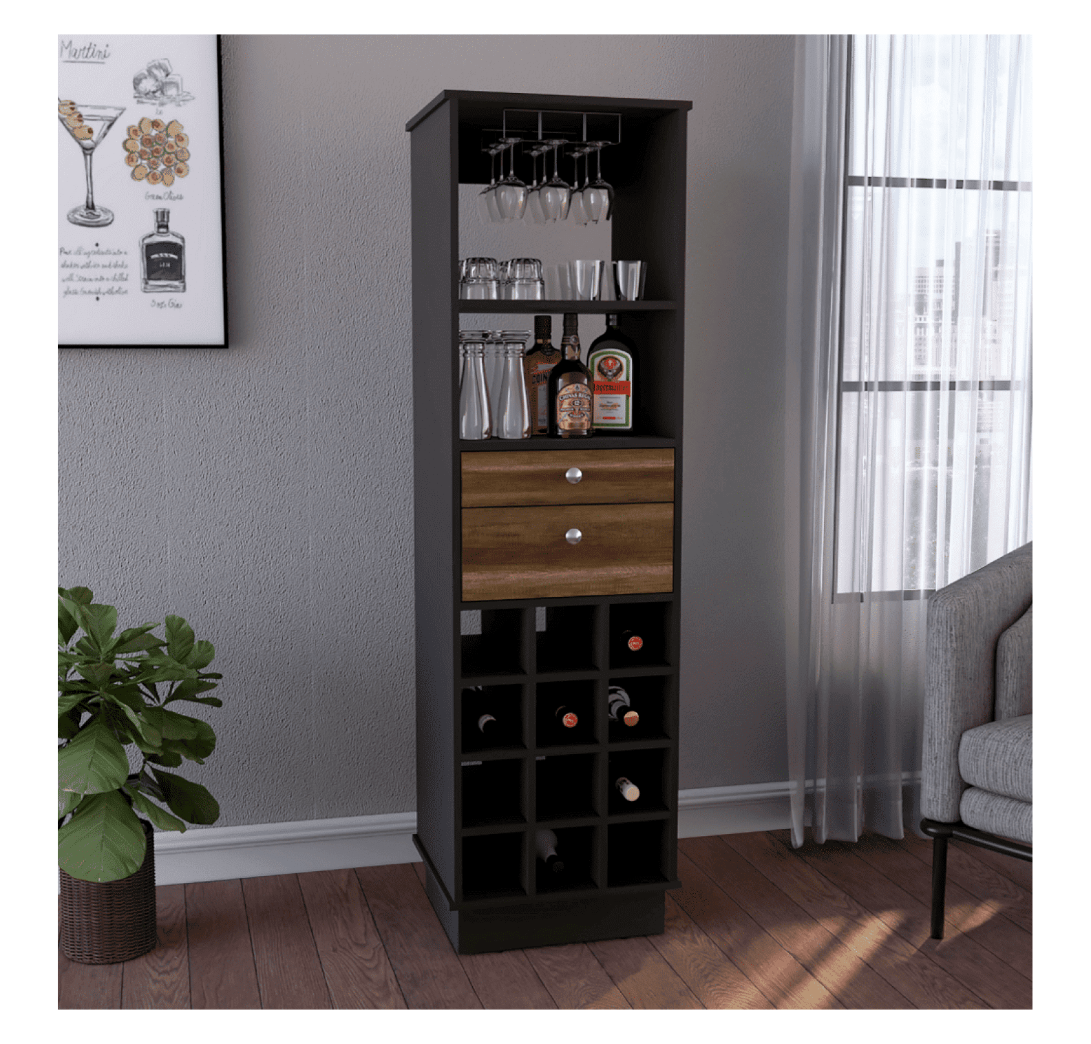 Zircon Bar Cabinet with Wine Rack - Home Bar Storage, 2 Drawers, Wengue ...