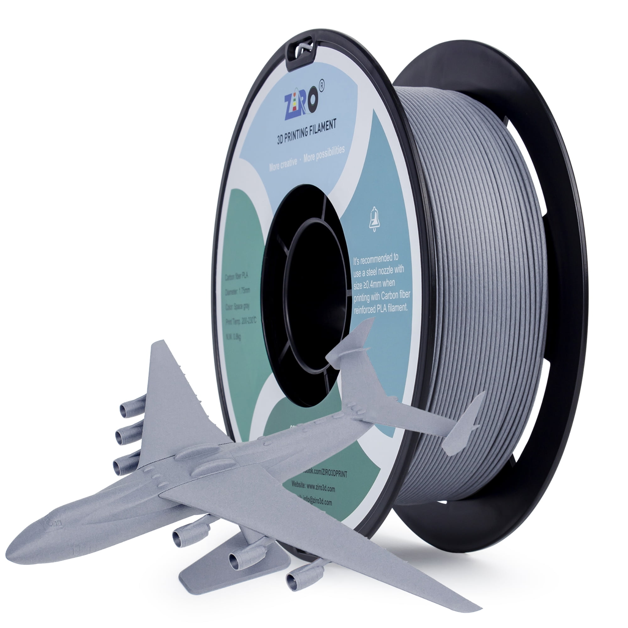 Ziro 3D Carbon-Fiber PLA Filament 1.75mm 800g, Space Gray - Walmart.com