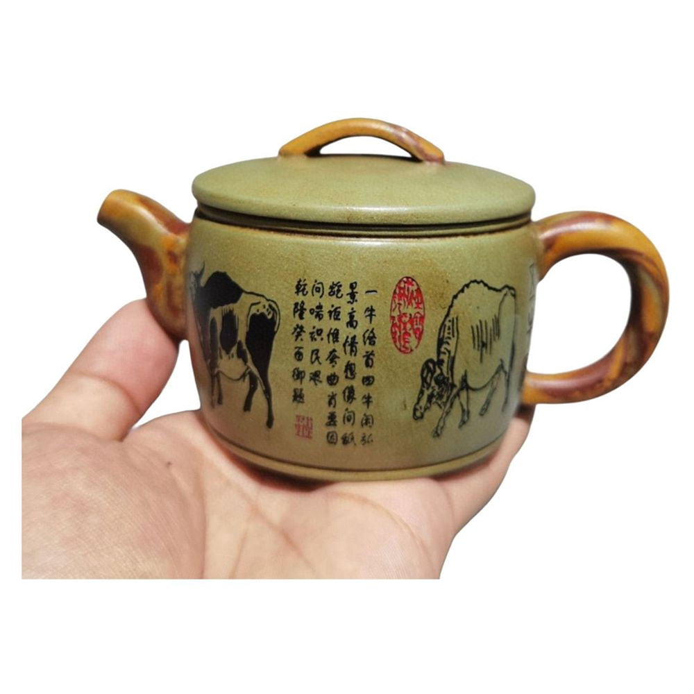 Zisha Purple Clay Teapot Sand Fired Pot Ox Motif Five Cattle Painted ...