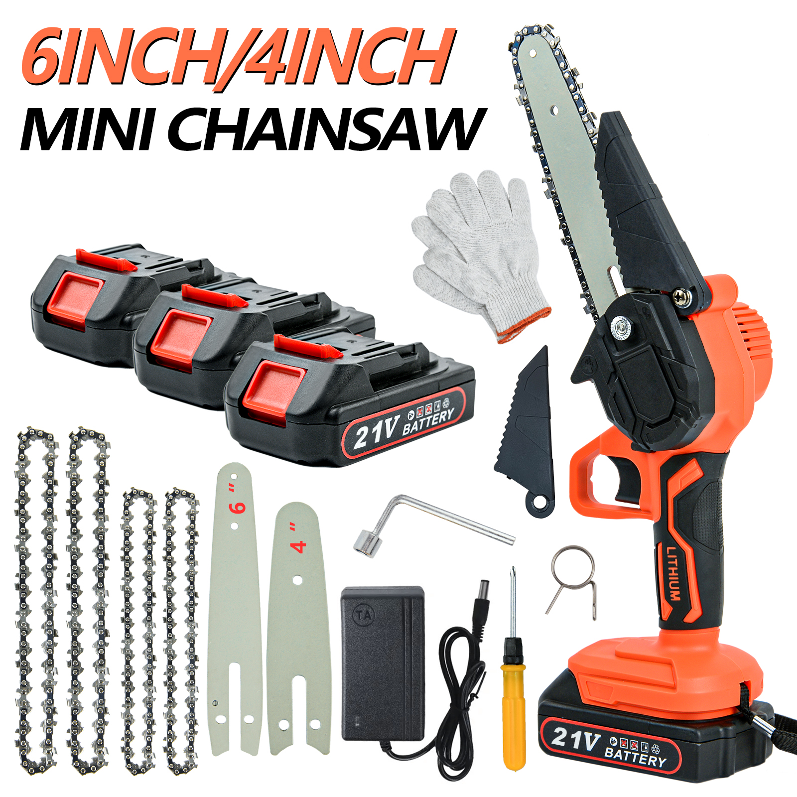 Ziss 4-Inch+6-Inch Mini Chainsaw Kit with 3 Rechargeable Batteries ...