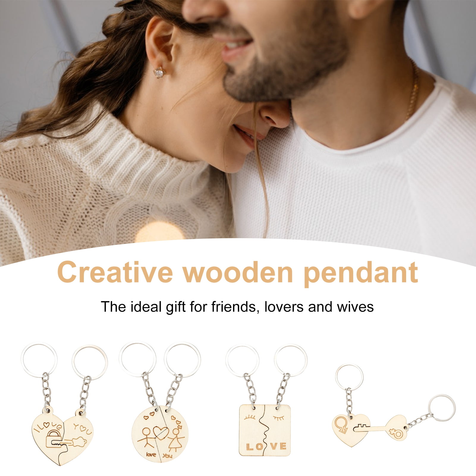 Ziurtnc 1 Pair Couple Keychains Matching Heart Chains Stainless Wooden ...