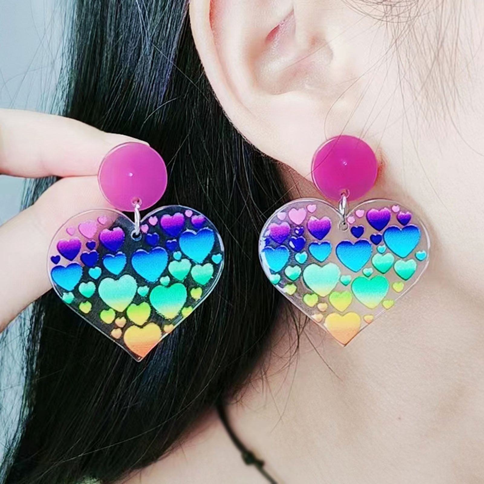 Ziurtnc 1 Pair Cute Double Heart Cubic Dangle Earrings Vintage Acrylic ...