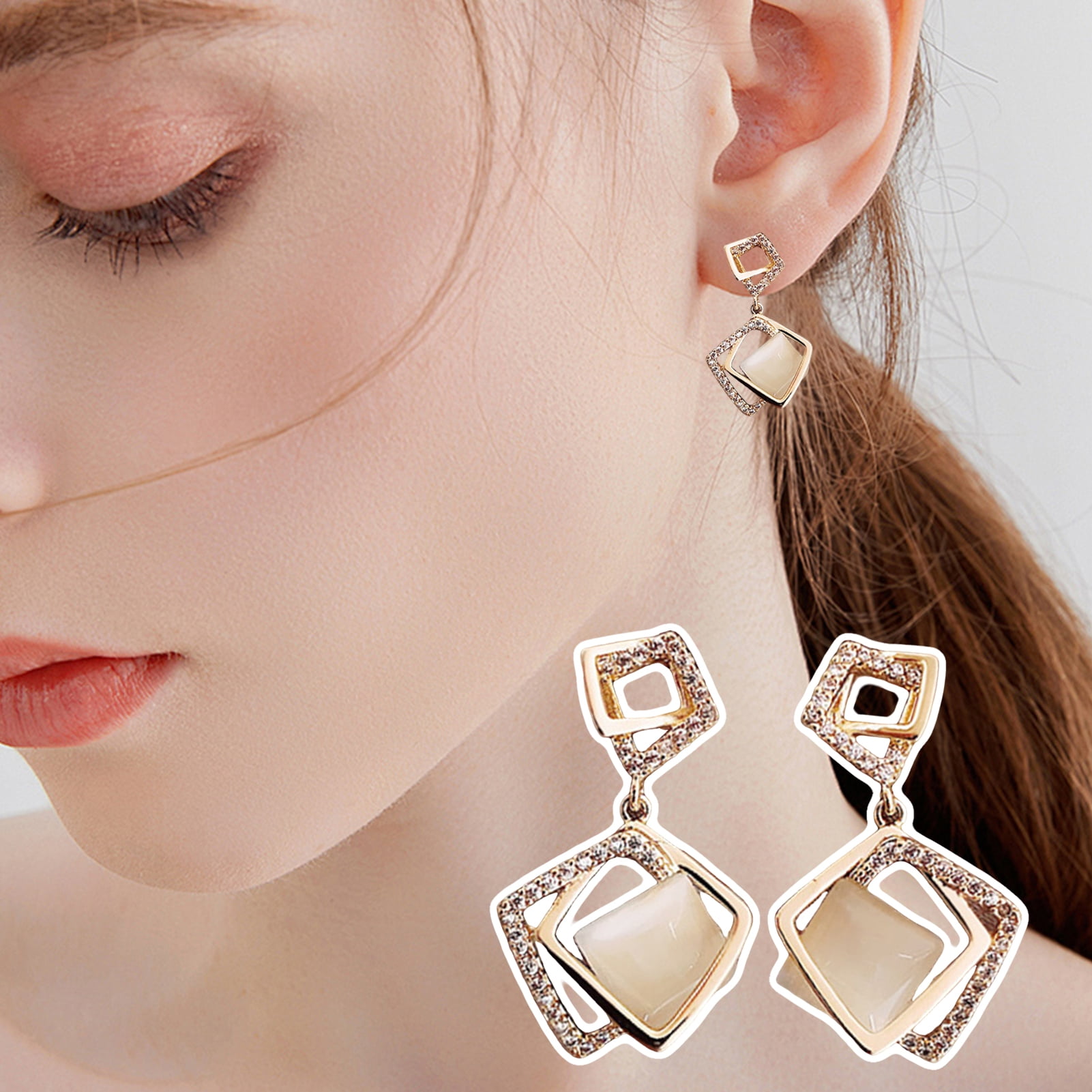 Ziurtnc 1 Pair Women Earrings Hollow Geometric Shiny Rhinestone Anti ...