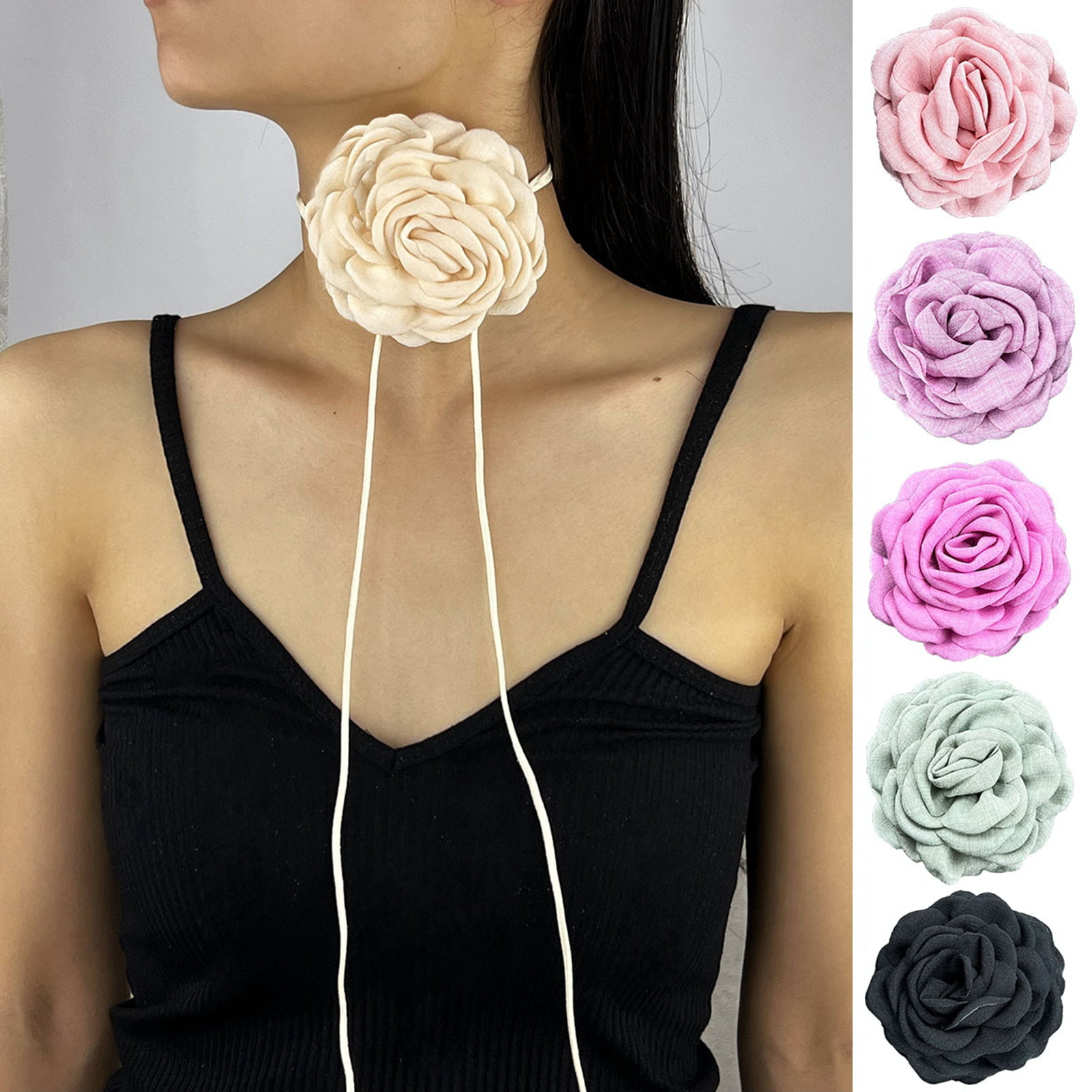 Ziurtnc Camellia Flower Decor Necklace Handmade Fabric Choker Necklace ...