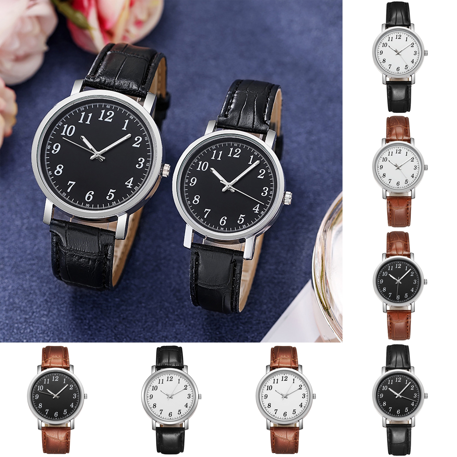 Ziurtnc Couple Watch Round Battery Operated Faux Leather Strap Elegant ...