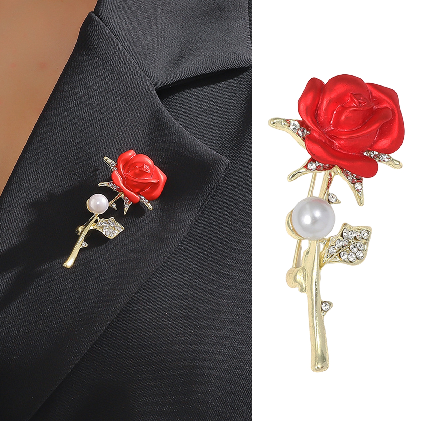 Ziurtnc Lady Brooch Rose Shape Rhinestone Faux Pearl Decor Anti-slip ...