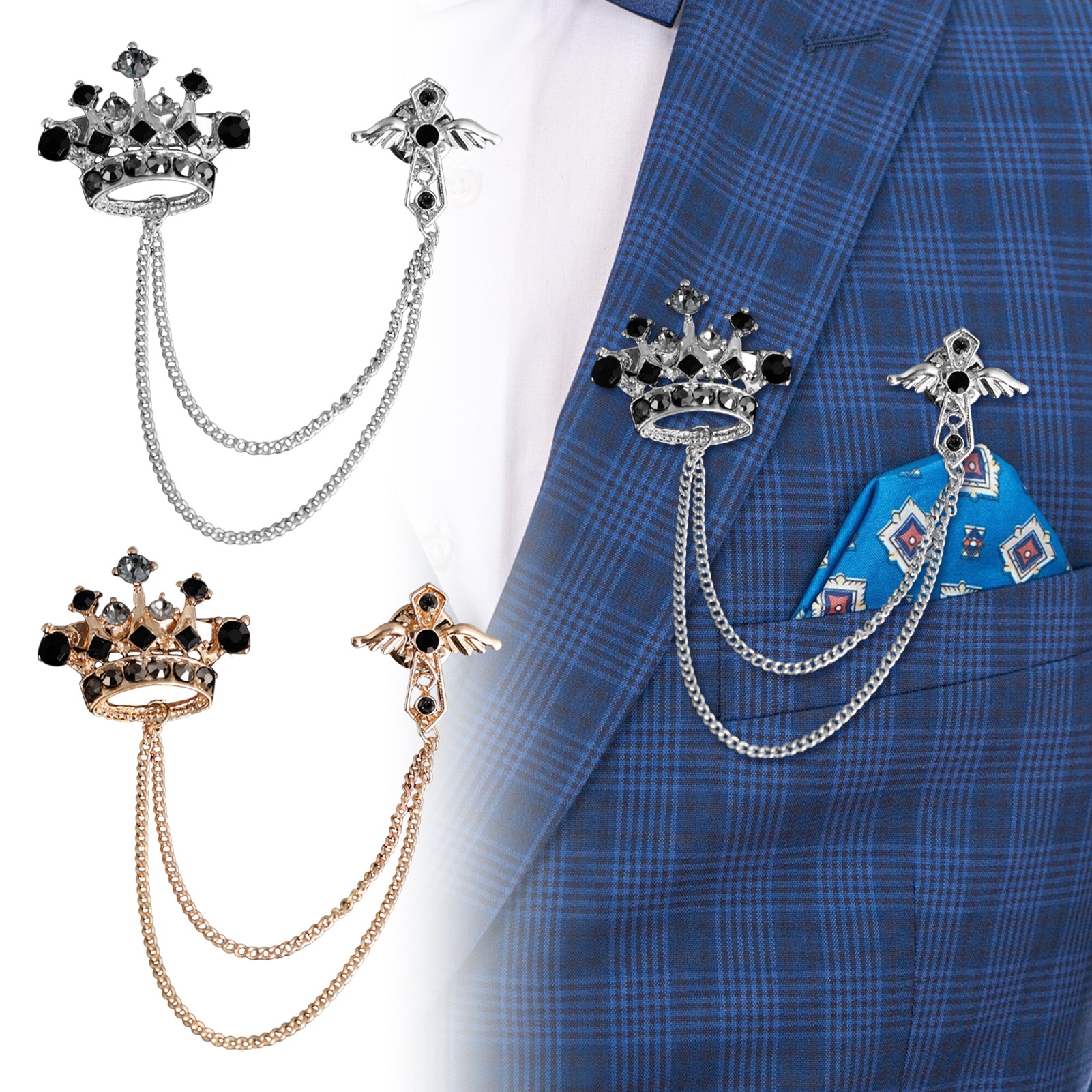 Ziurtnc Men Suit Coat Brooch Rhinestone Crown Brooch Tassel Lapel Pin ...