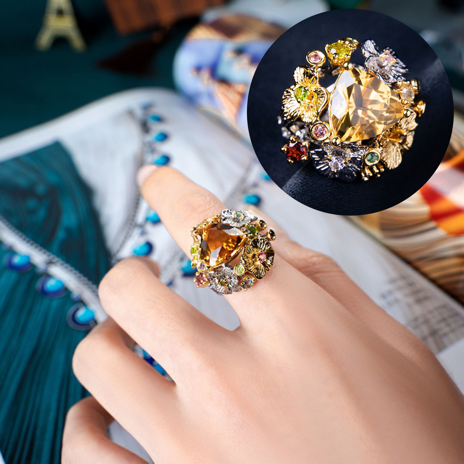 Ziurtnc Multicolor Rhinestone Ring for Women Bling Bling Faux Crystal ...