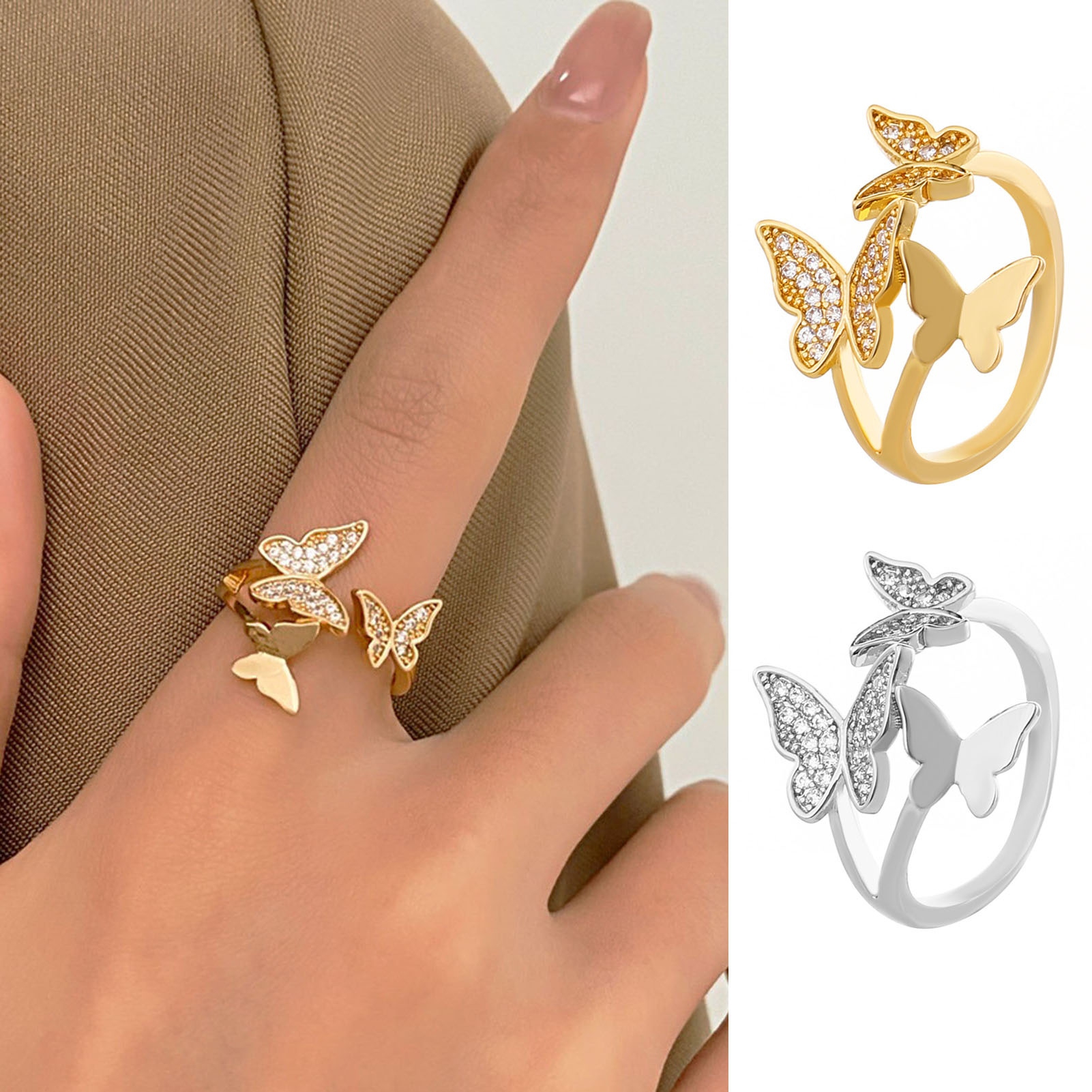 Ziurtnc Women Butterflies Shape Shining Rhinestones Inlay Ring Opening ...