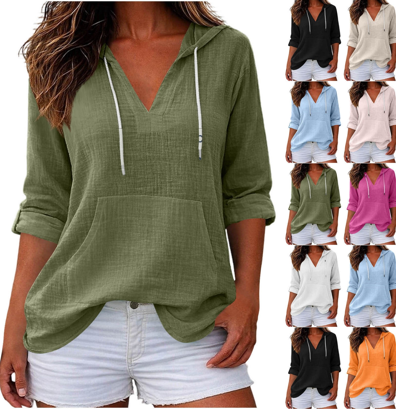 Zivyakyron Cotton Linen Hooded Tops for Women Long Sleeve Outdoor ...
